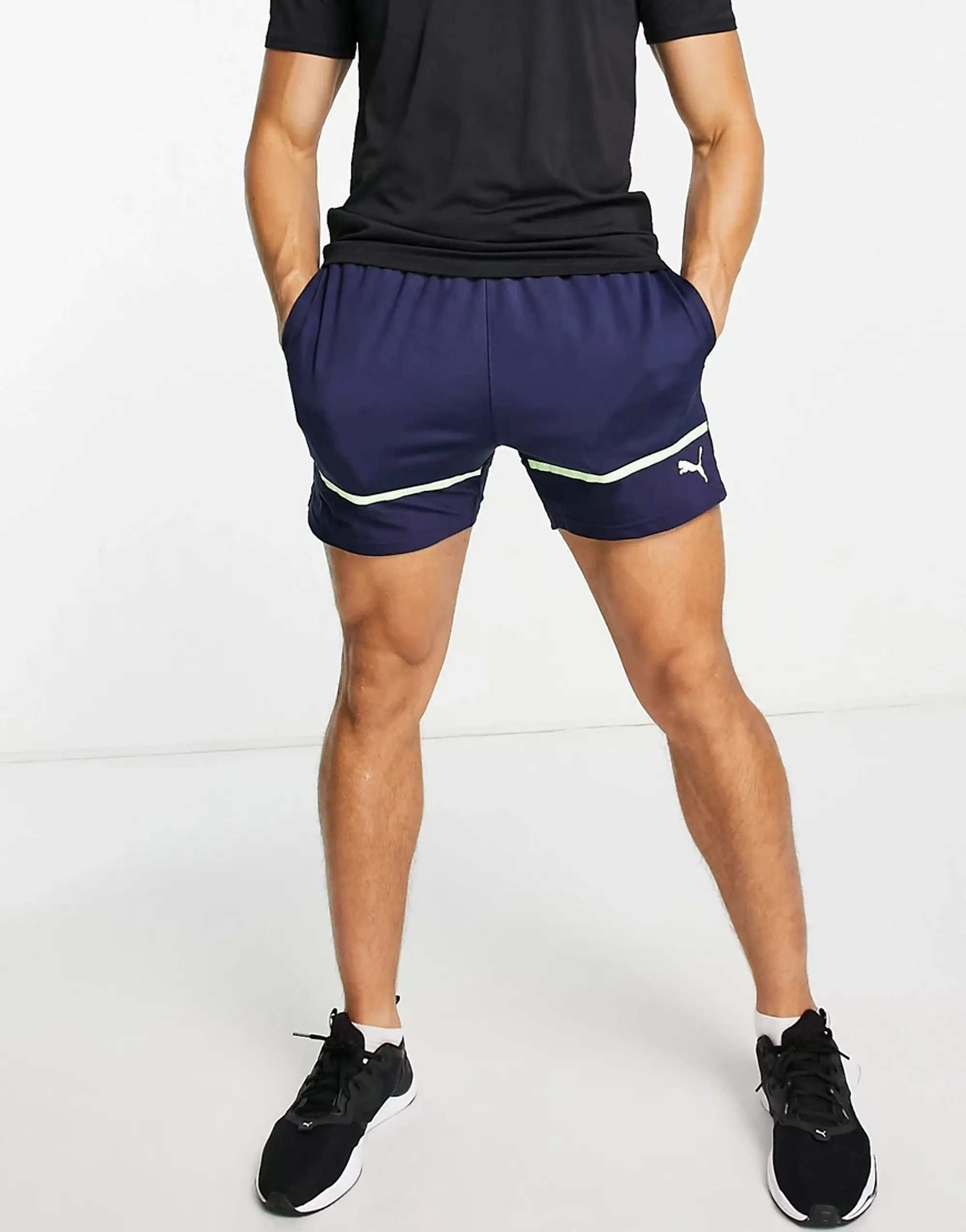 Puma Training 5 shorts with yellow piping in navy stripe 521528 06 FOOTY.COM